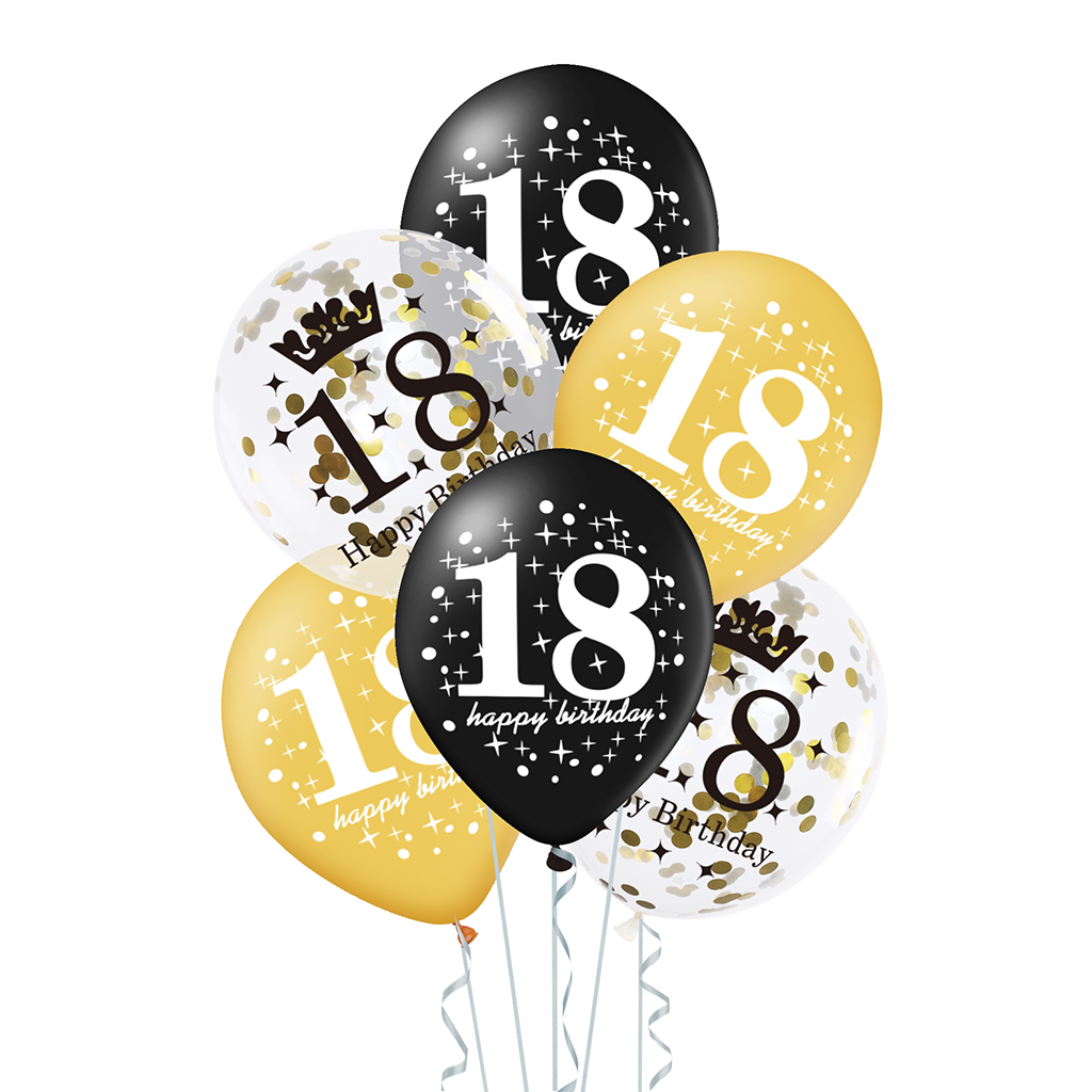 A set of balloons for 18th birthday, black and gold, 6 items | Latex ...